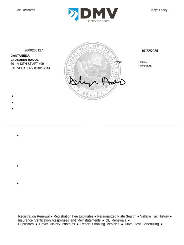Nevada Interim Driver License Document | PDF | Department Of Motor ...