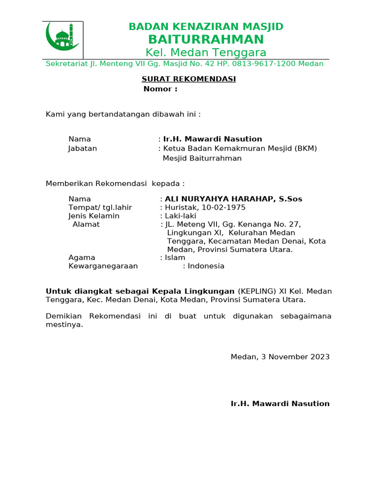 Surat Rekomendas1 Ir.h. Mawardi Nasution | PDF
