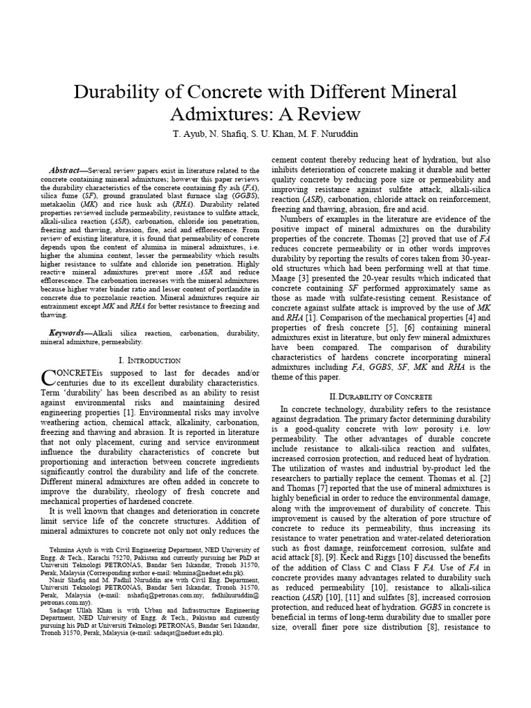 Durability of Concrete With Different Mineral Admixtures A Review | PDF | Concrete | Cement