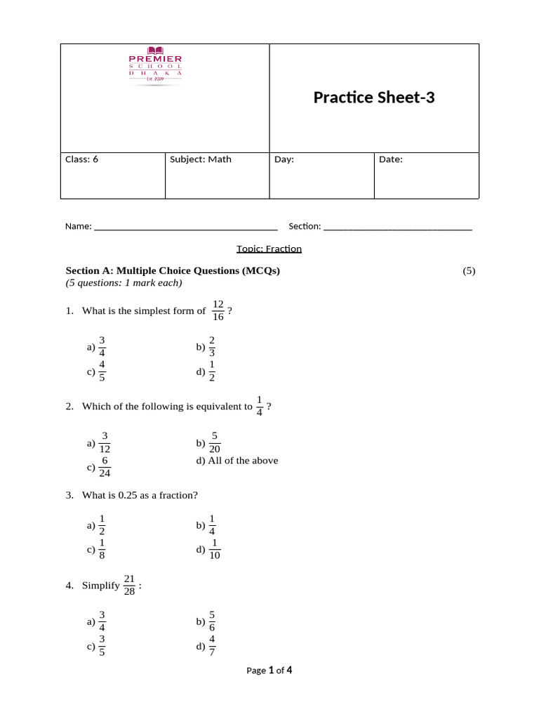 CL6 MTH T1 Unit-2 Fractions Worksheet 03 | PDF | Chess | Chess Theory