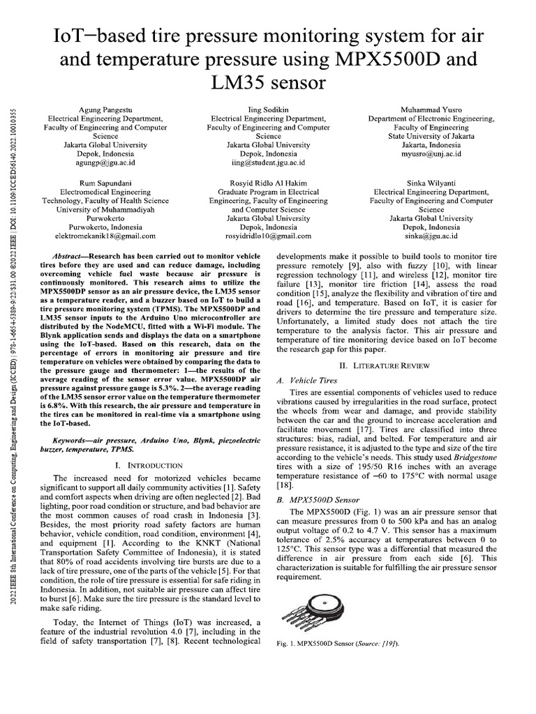 IoTbased Tire Pressure Monitoring System For Air and Temperature Pressure Using MPX5500D and ...