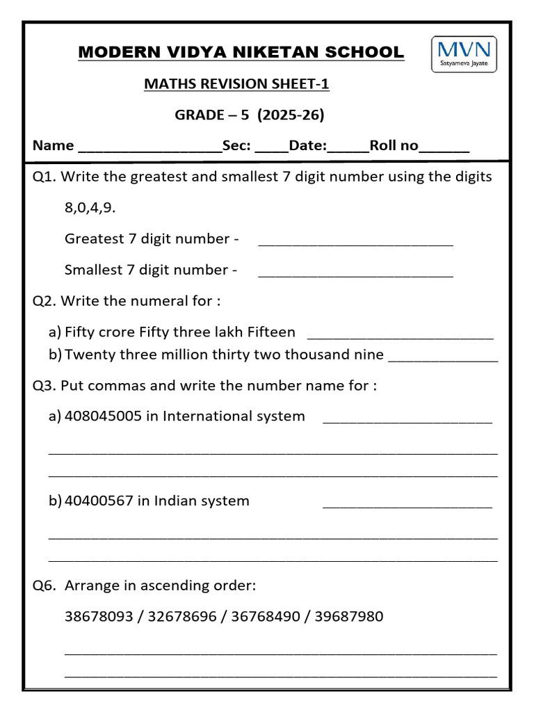 Maths Revision Sheet 1 First CT 202526 | PDF