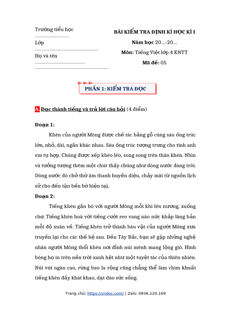 De Thi Hk1 Tieng Viet 4 KNTT So 5 | PDF