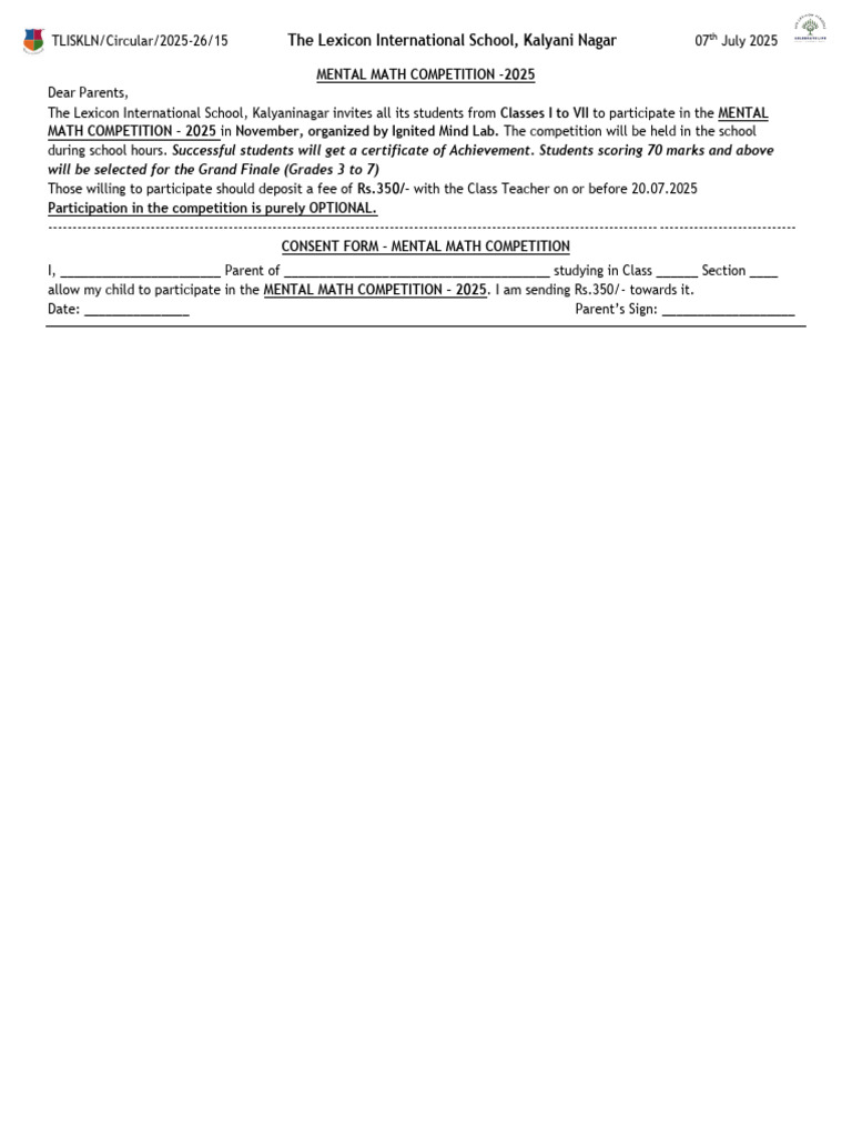 Mental Math Competition 2025 Invitation | PDF