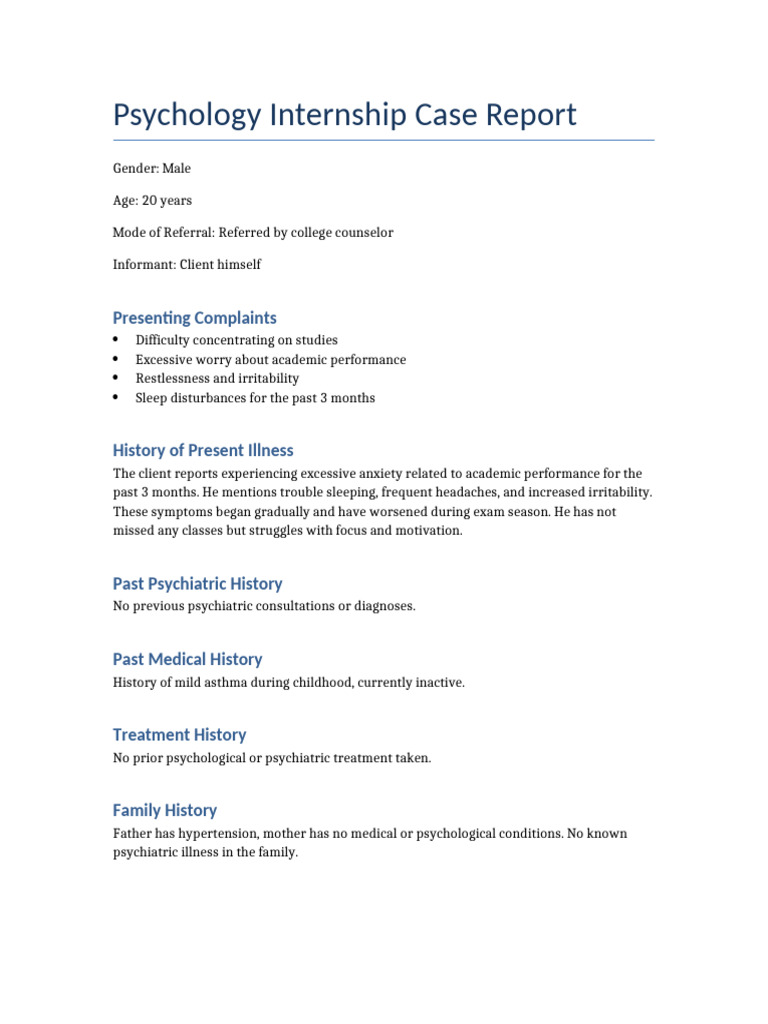 Internship Case Report Anxiety | PDF | Anxiety | Mental Disorder