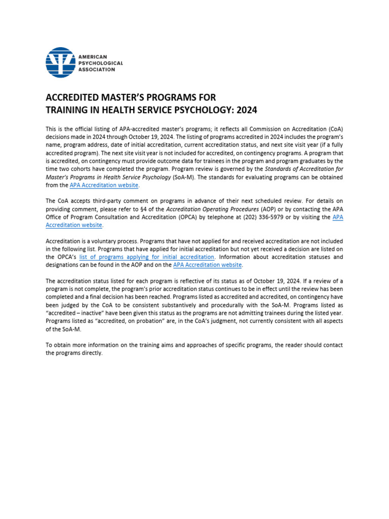 APA-Accredited Master's Programs 2024 | PDF | Behavioural Sciences ...