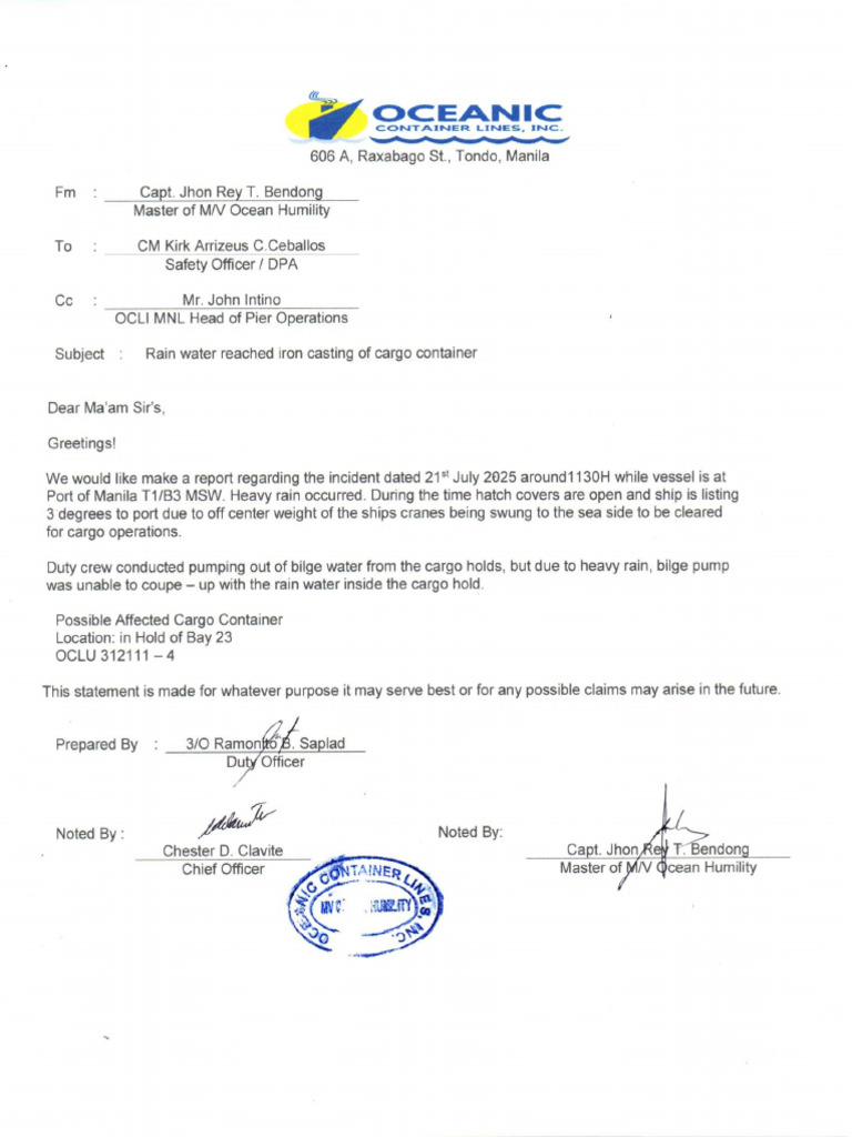 Heavy Rain at Port of Manila Hold No.3 Water | PDF