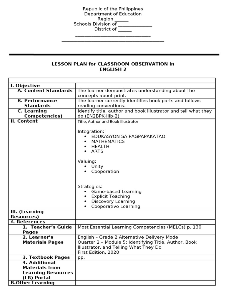 Lesson Plan Grade 2 Title, Author, Illustrator | PDF | Books | Learning