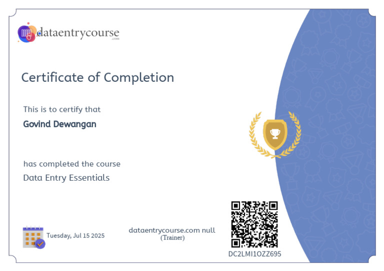 Data Entry Essentials Completion Certificate | PDF
