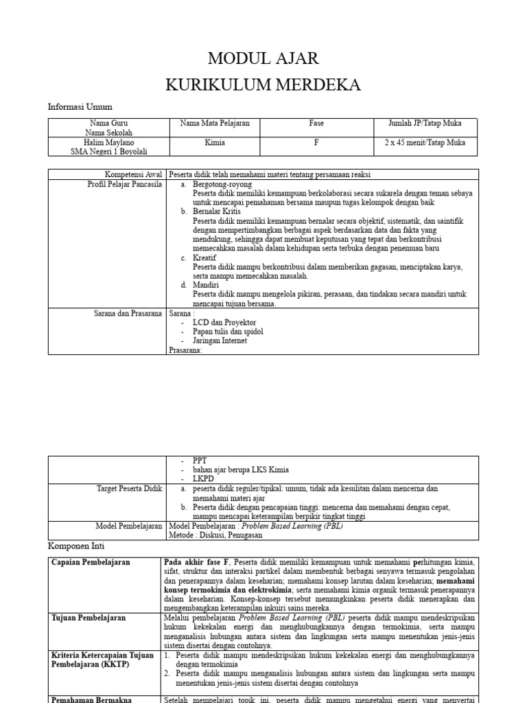 Modul Ajar Termokimia I | PDF