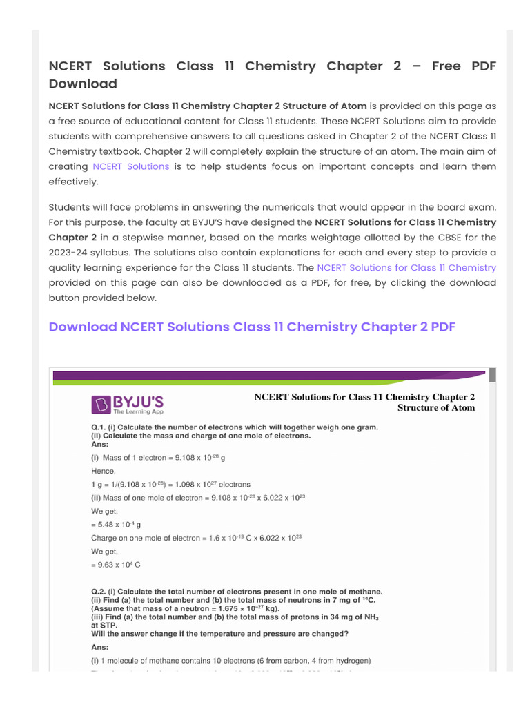 Byjus Com Ncert Solutions Class 11 Chemistry Chapter 2 Structure of ...