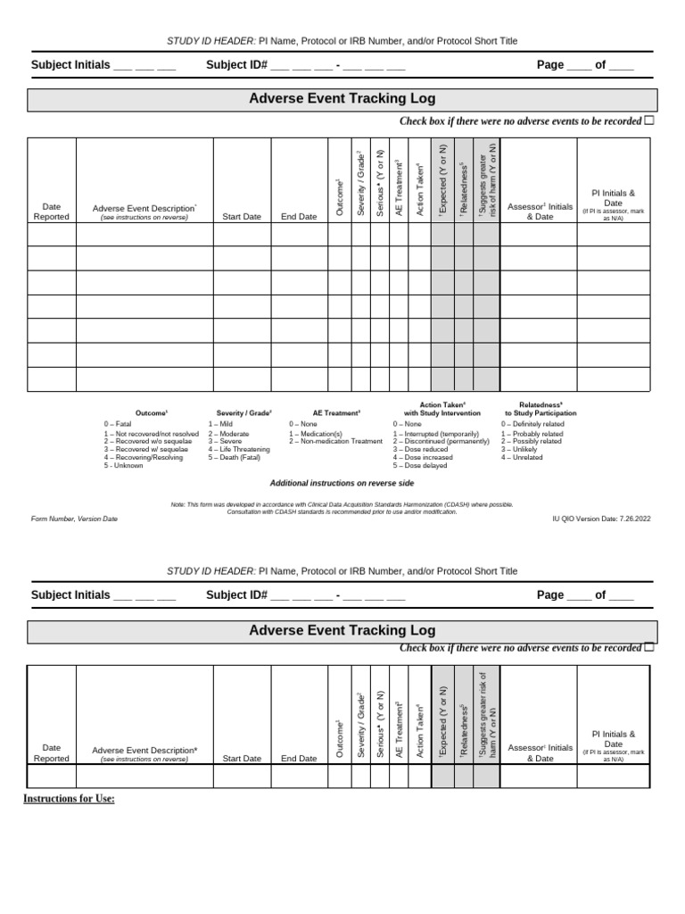 Adverse Event Tracking Log Template | PDF | Pharmacovigilance | Health ...