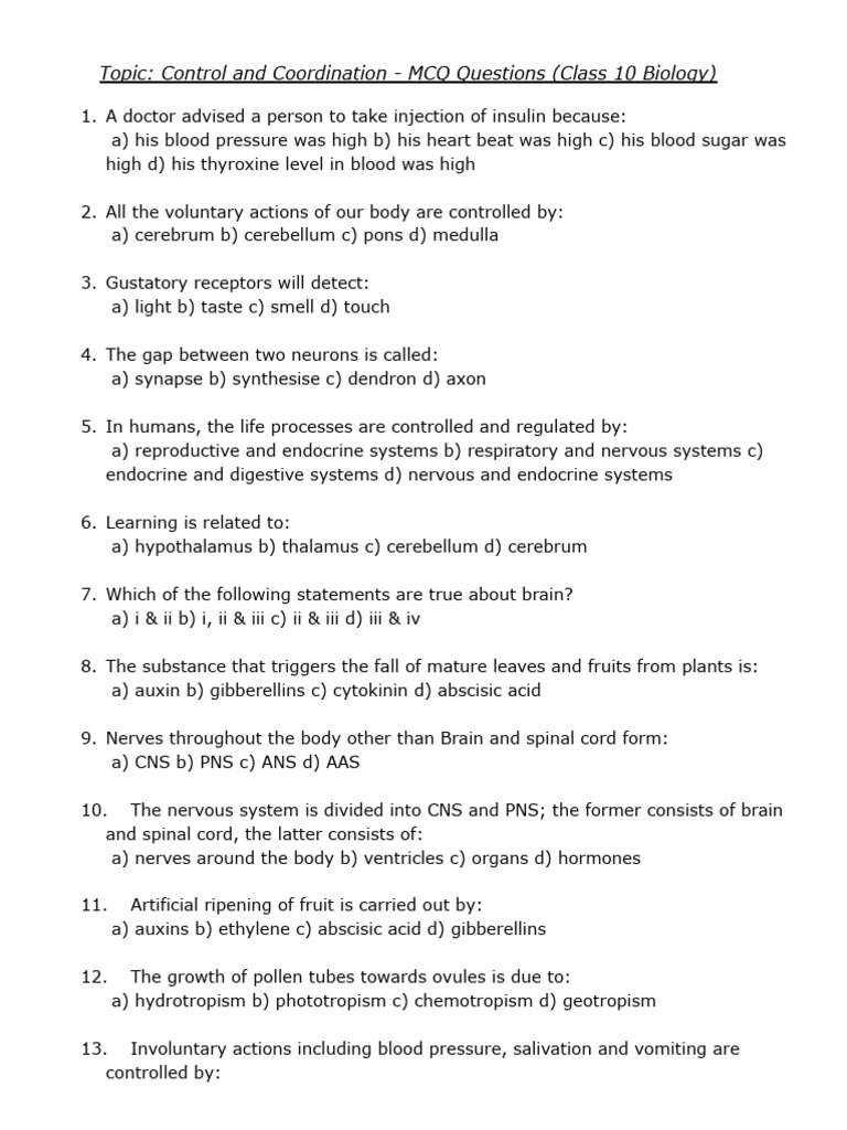 Topic - Control and Coordination - MCQ Questions (Class 10 Biology) | PDF | Central Nervous ...