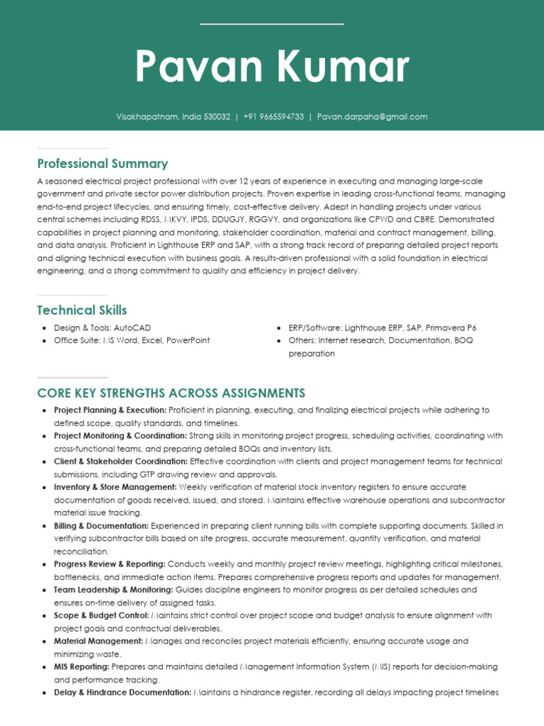 Pavan Kumar - Resume (25-26) | PDF | Electric Power Distribution