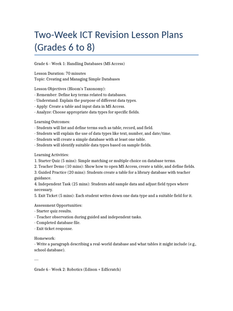 ICT Revision Lesson Plans Grades 6 To 8 | PDF | Databases | Python (Programming Language)