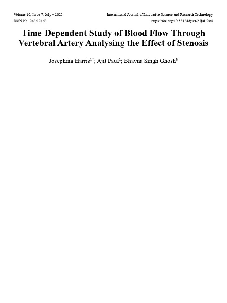 Time-Dependent Study of Blood Flow Through Vertebral Artery Analysing The Effect of Stenosis ...