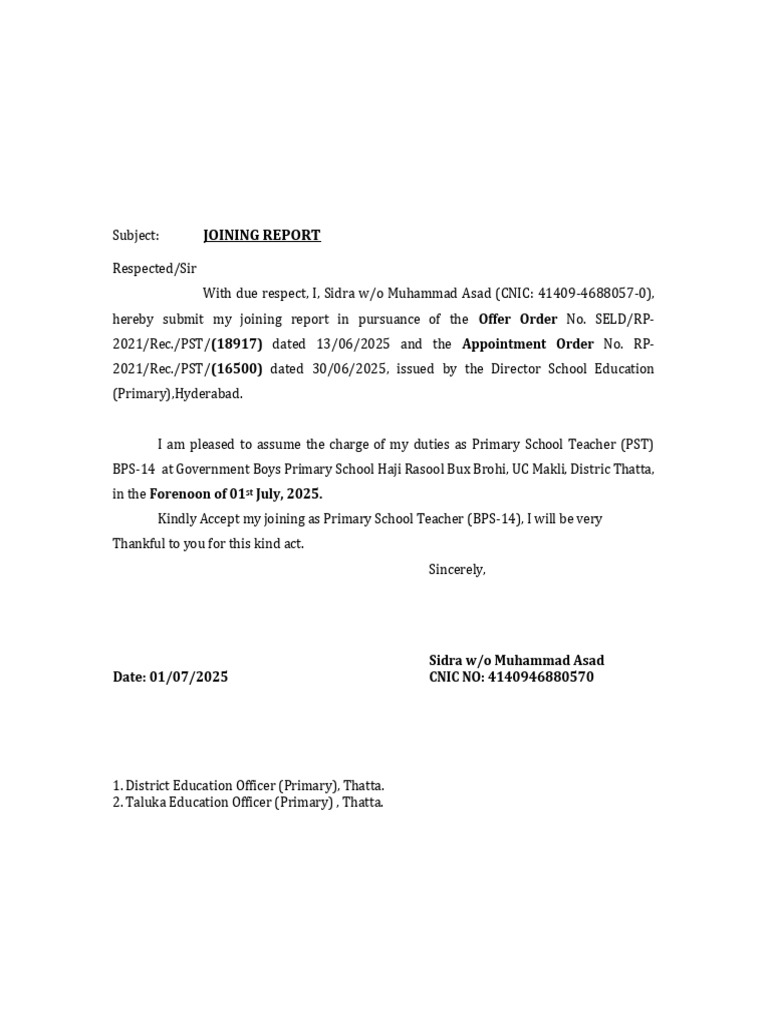 Teacher Joining Report Submission | PDF
