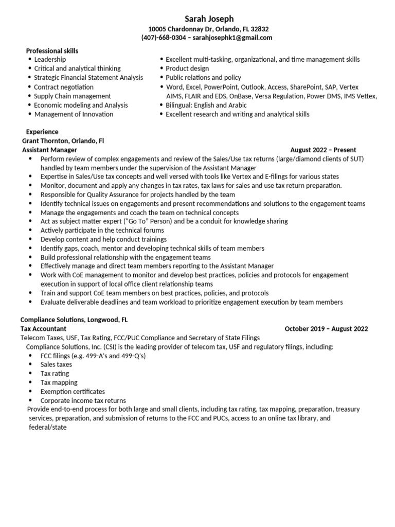 Sarah Joseph Resume | PDF | Audit | Taxes