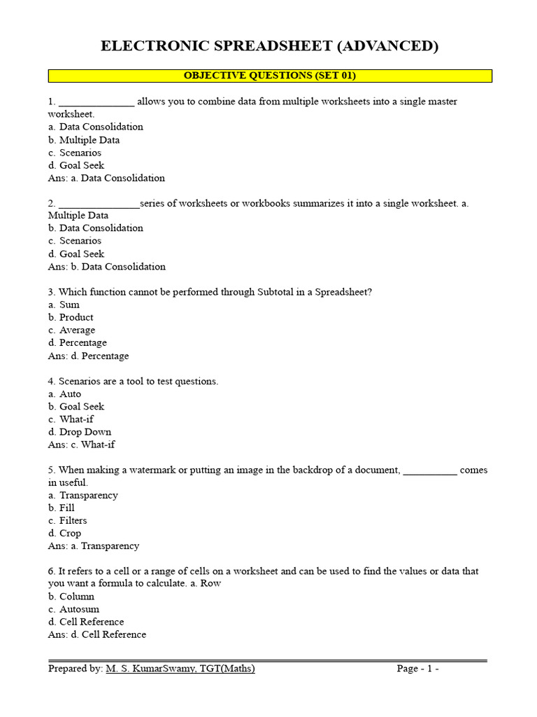 02 Electronic Spreadsheet Advanced Important Questions Answers | PDF | Spreadsheet | Worksheet