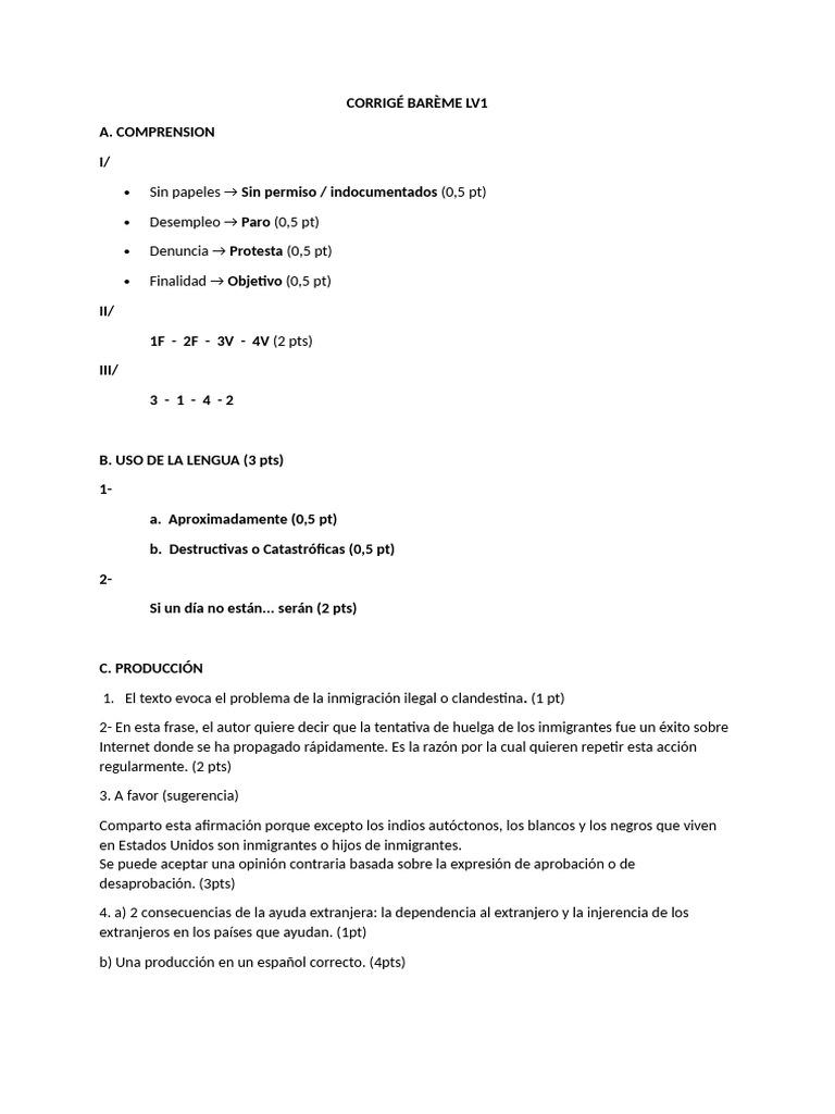 Espagnol Corrige Bareme Lv1 Bac | PDF