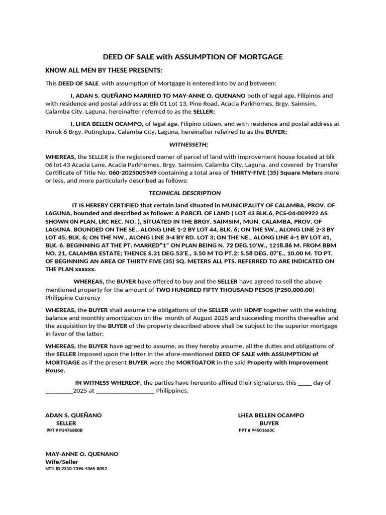 Deed of Sale With Assumption of Mortgage Adan S. Quenano and Lhea B ...