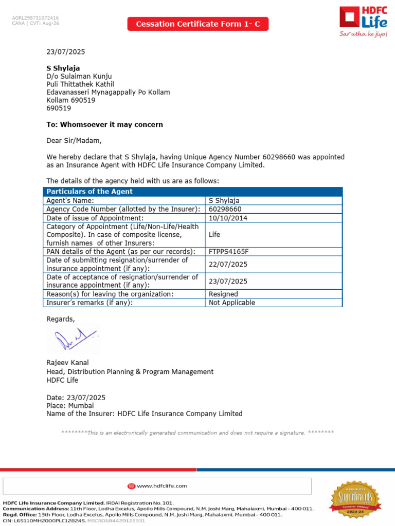 Cessation Certificate Form 1-C: S Shylaja | PDF