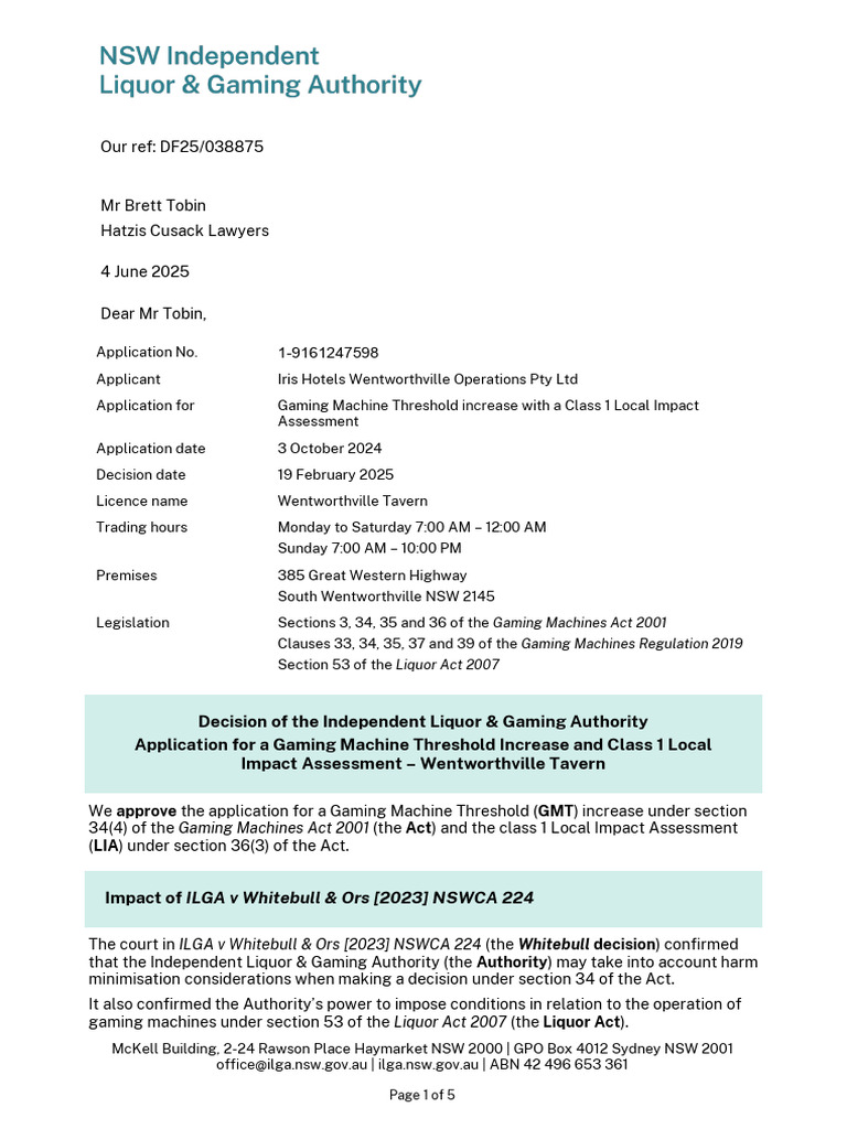 NSW ILGA - Approval For Gaming Machine Threshold Increase | PDF ...
