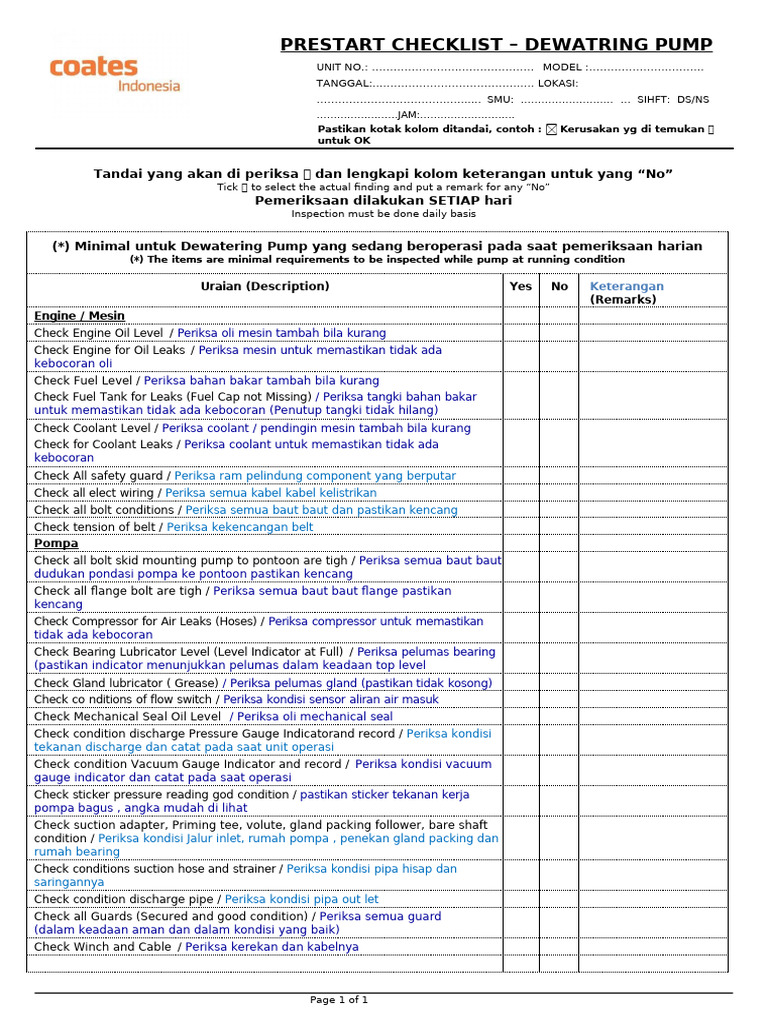 Prestart Checklist | PDF