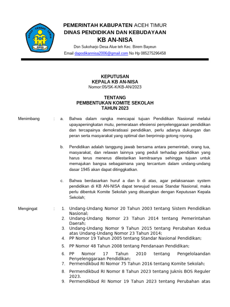 Contoh SK Komite Sekolah | PDF