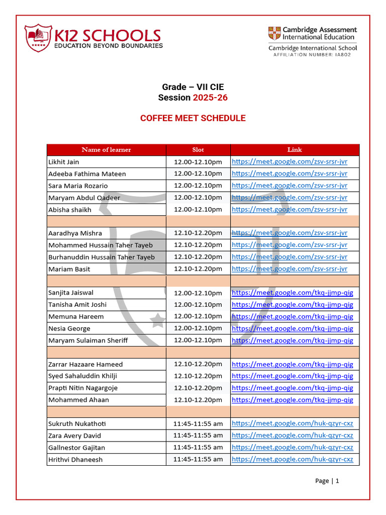 Grade VII Coffee Meet Schedule 2025-26 | PDF