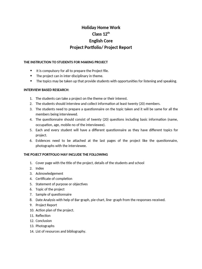 Class 12 English Project Portfolio Guide | PDF | Questionnaire ...