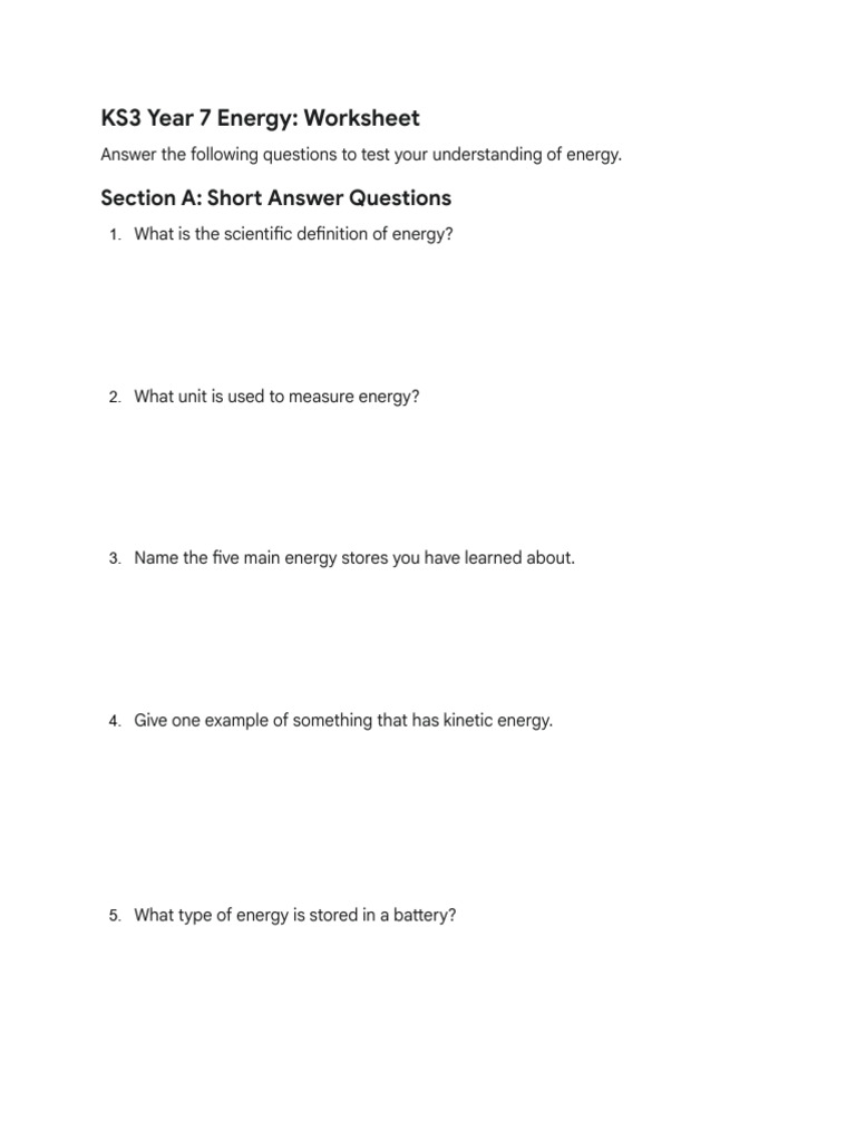 KS3 Year 7 Energy Worksheet | PDF | Potential Energy | Energy Development