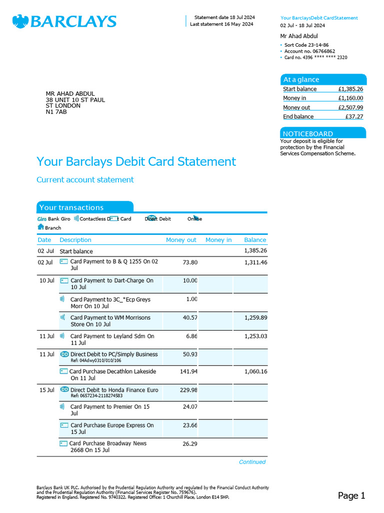 Barclays Debit Card Statement Summary | PDF | Debit Card | Banks