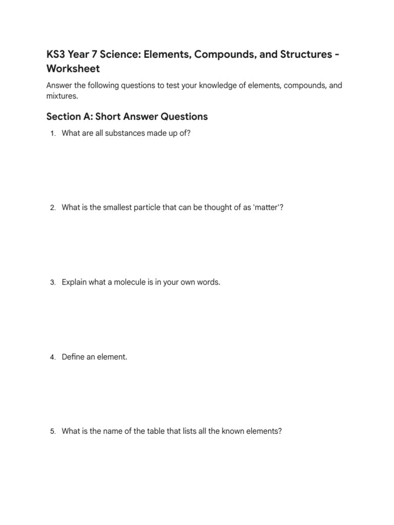 KS3 Year 7 Science - Elements, Compounds, and Structures Worksheet ...
