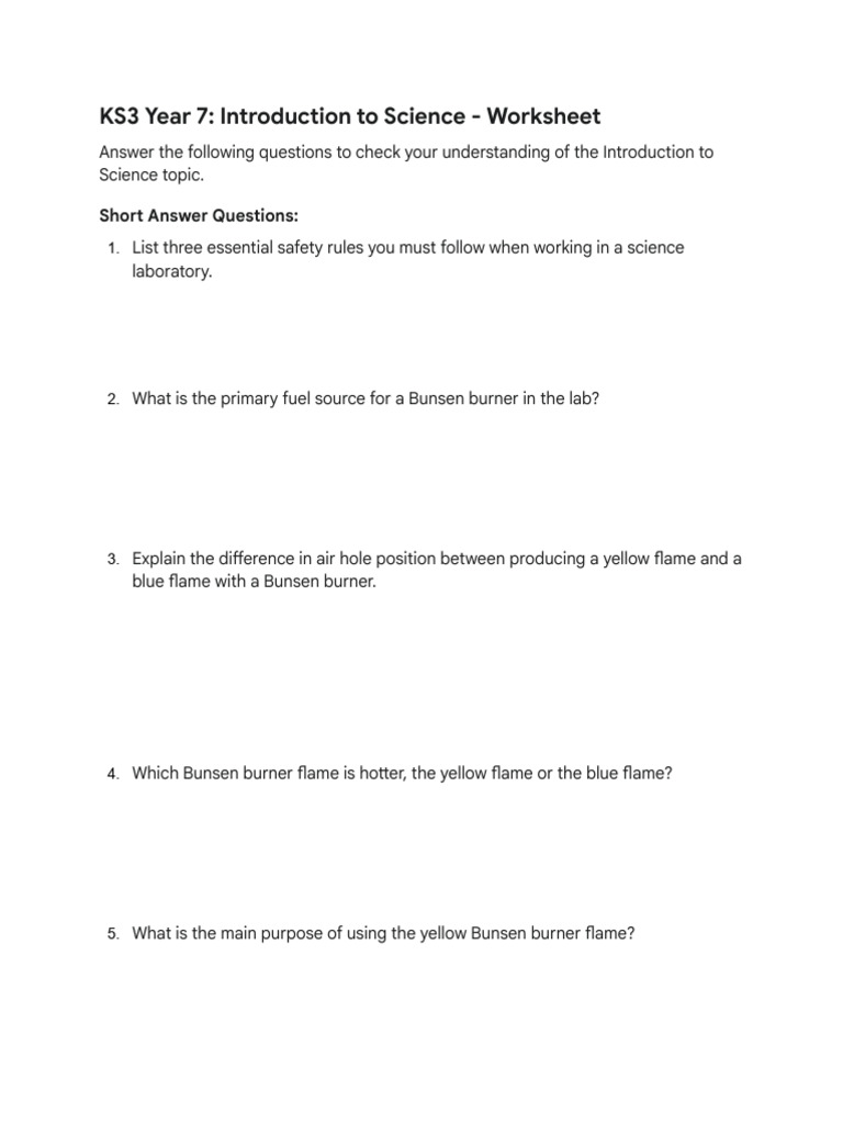 KS3 Year 7 Introduction To Science Worksheet | PDF | Water | Heat
