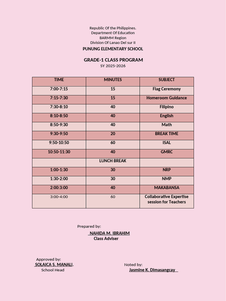 Grade 1 Class Program SY 2025-2026 | PDF