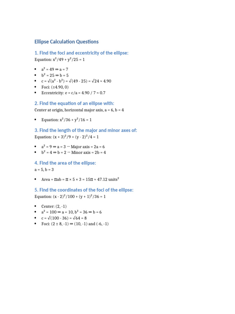 Ellipse Calculation Questions | PDF