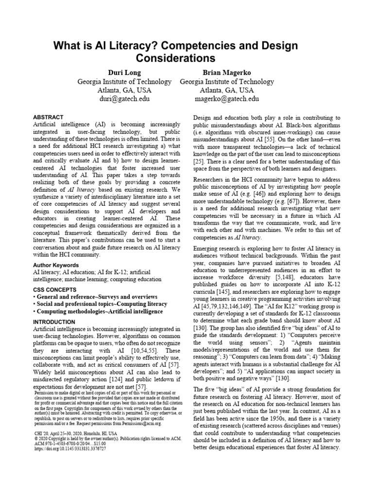 What Is AI Literacy. Competencies and Design Considerations - Duri Long - Brian Magerko | PDF ...