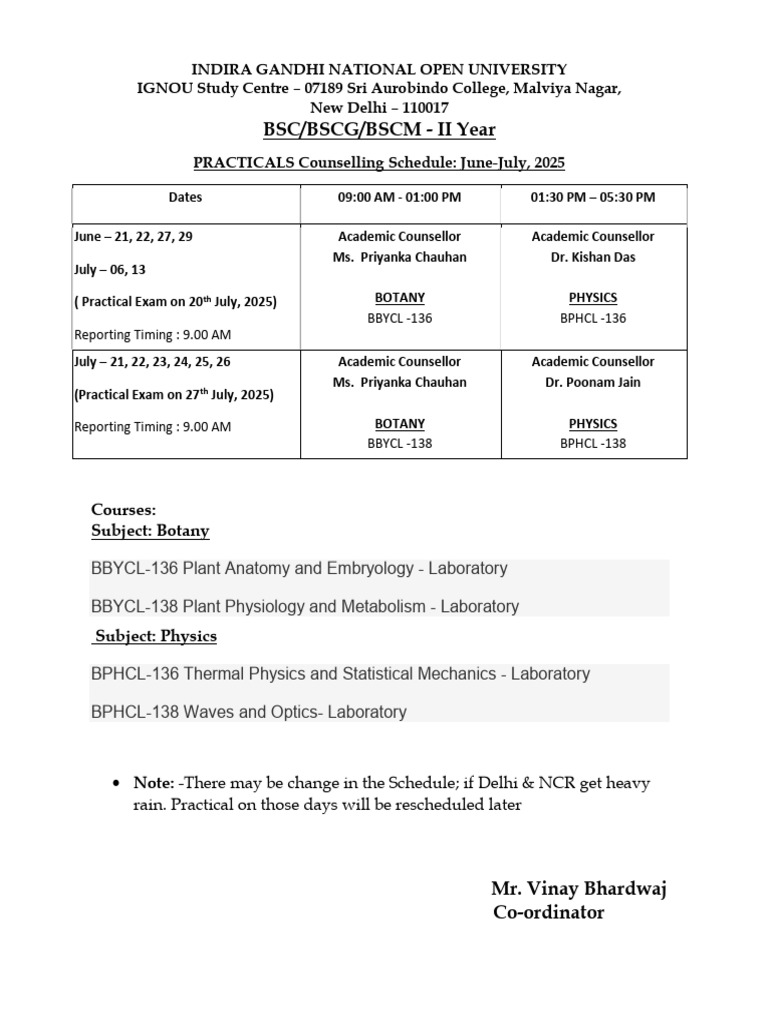 IGNOU BSC/BSCG/BSCM Practical Schedule 2025 | PDF | Zoology | Physics