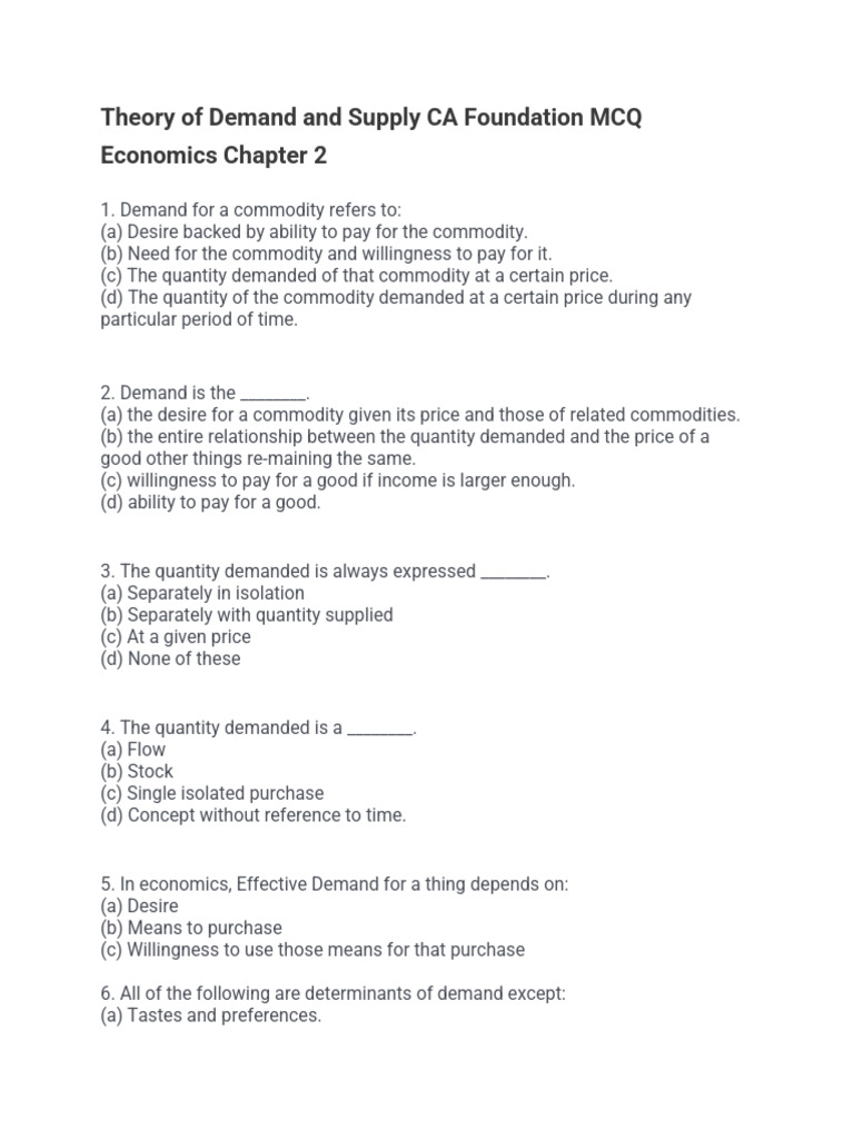 Theory of Demand and Supply CA Foundation MCQ Economics Chapter 2 | PDF ...