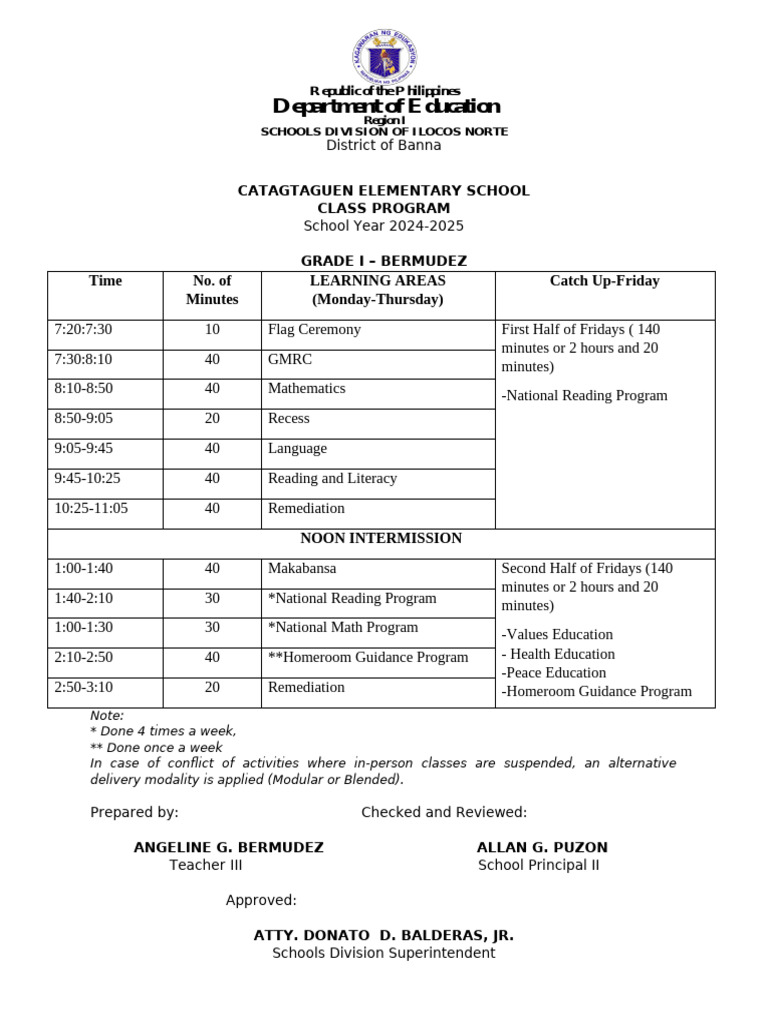 Grade 1 Class Program 2024-2025 | PDF | Written Communication | Human ...