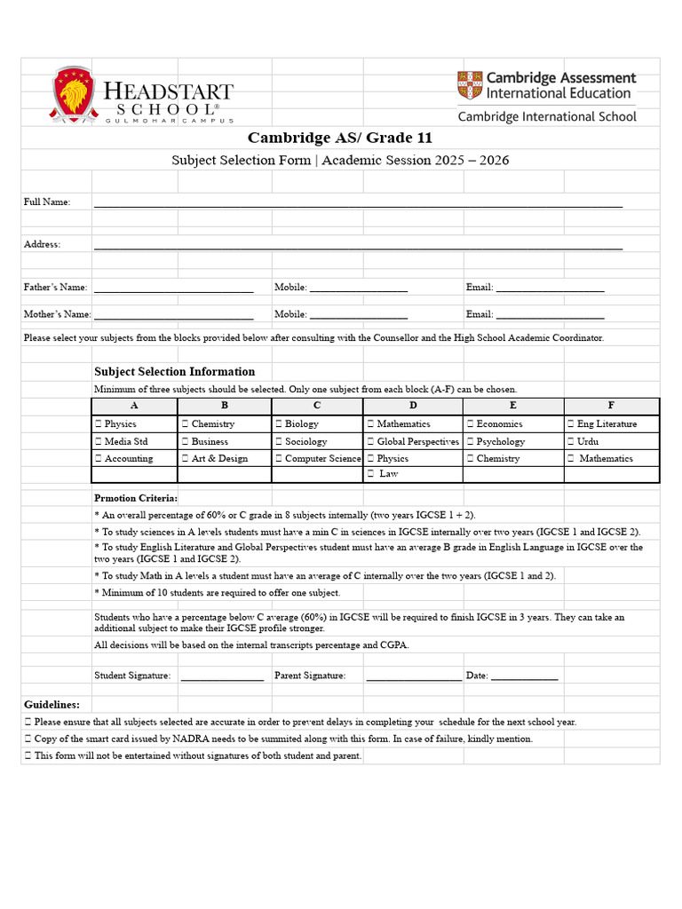 AS Subject Selection Form 2025-2026 | PDF