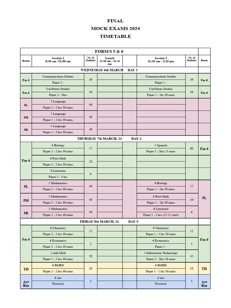 Mock Exam Timetable Lent 24 | PDF | Science