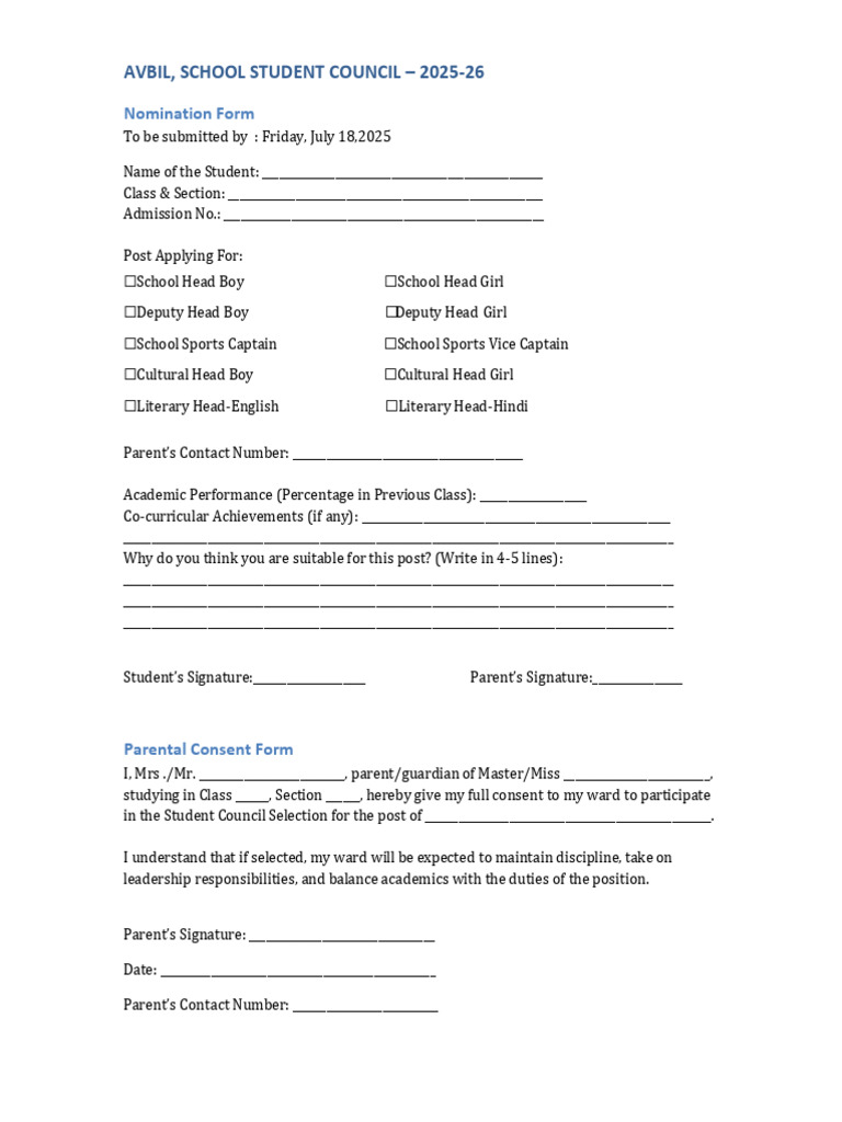 Student Council Nomination Consent Forms | PDF