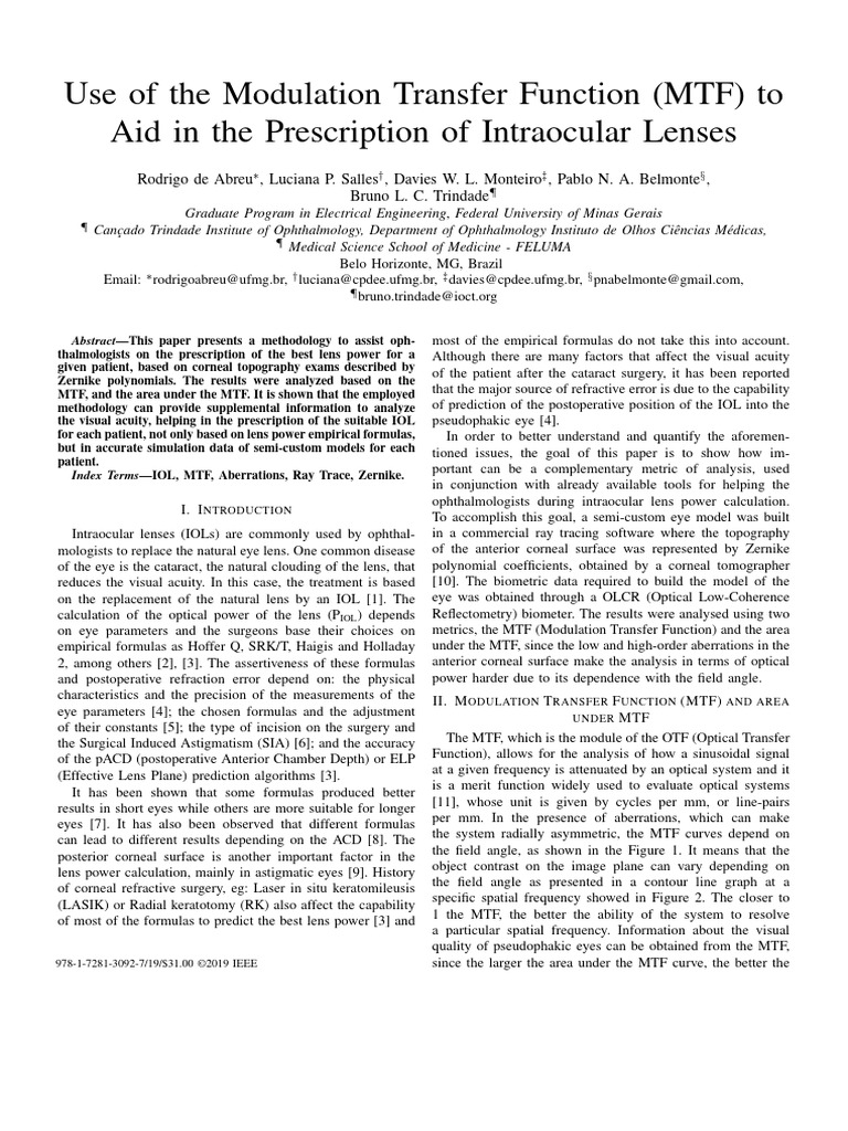 Use of The Modulation Transfer Function MTF To Aid in The Prescription of Intraocular Lenses ...