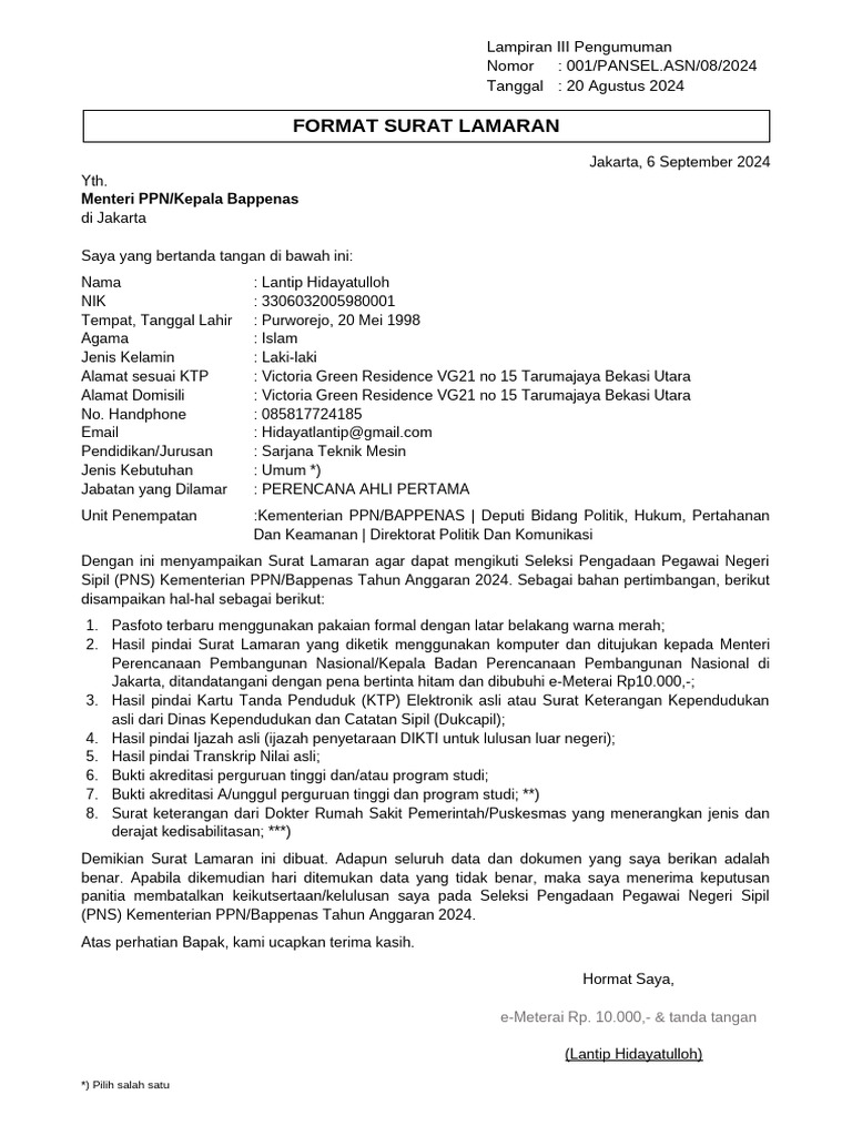 Lampiran III Format Surat Lamaran | PDF