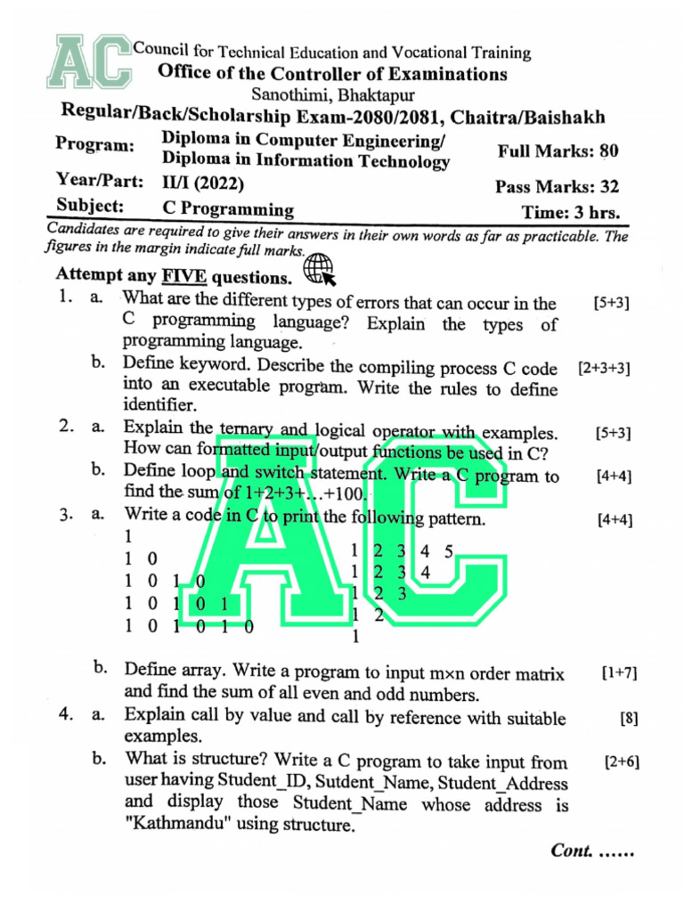 C Programming - 2081 + 2080 Paper - (WWW - Arjun00.com - NP) | PDF