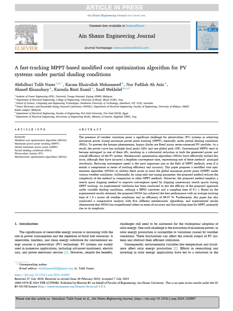 3.2024 - A Fast-Tracking MPPT-based Modified Coot Optimization Algorithm For PV Systems Under ...