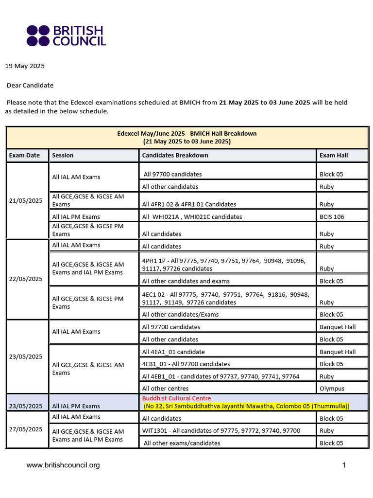 Edexcel Exams - BMICH Hall Breakdown - 21 May To 03 June 2025 | PDF ...