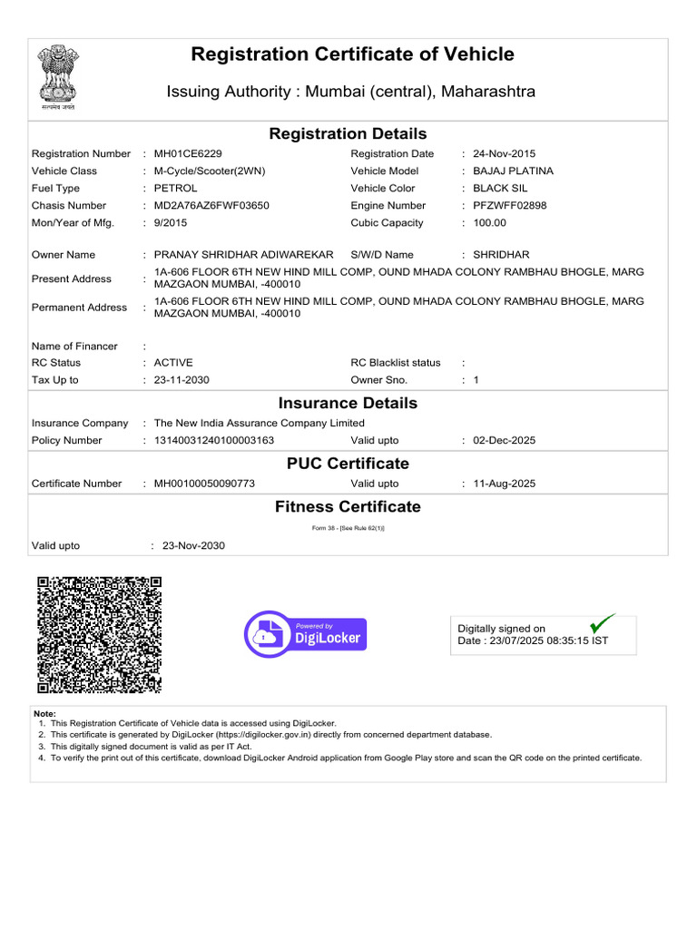 Registration of Vehicles (MH01CE6229) | PDF | Computing
